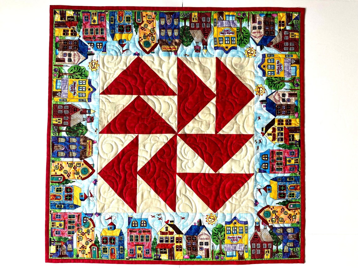 Quilted "it Takes A Village" Table Topper, Flying Geese Patchwork ...