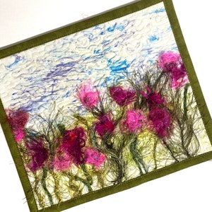 Spring Flowers Art Quilt With Fabric Marbling and Fiber Couching , 9 X ...