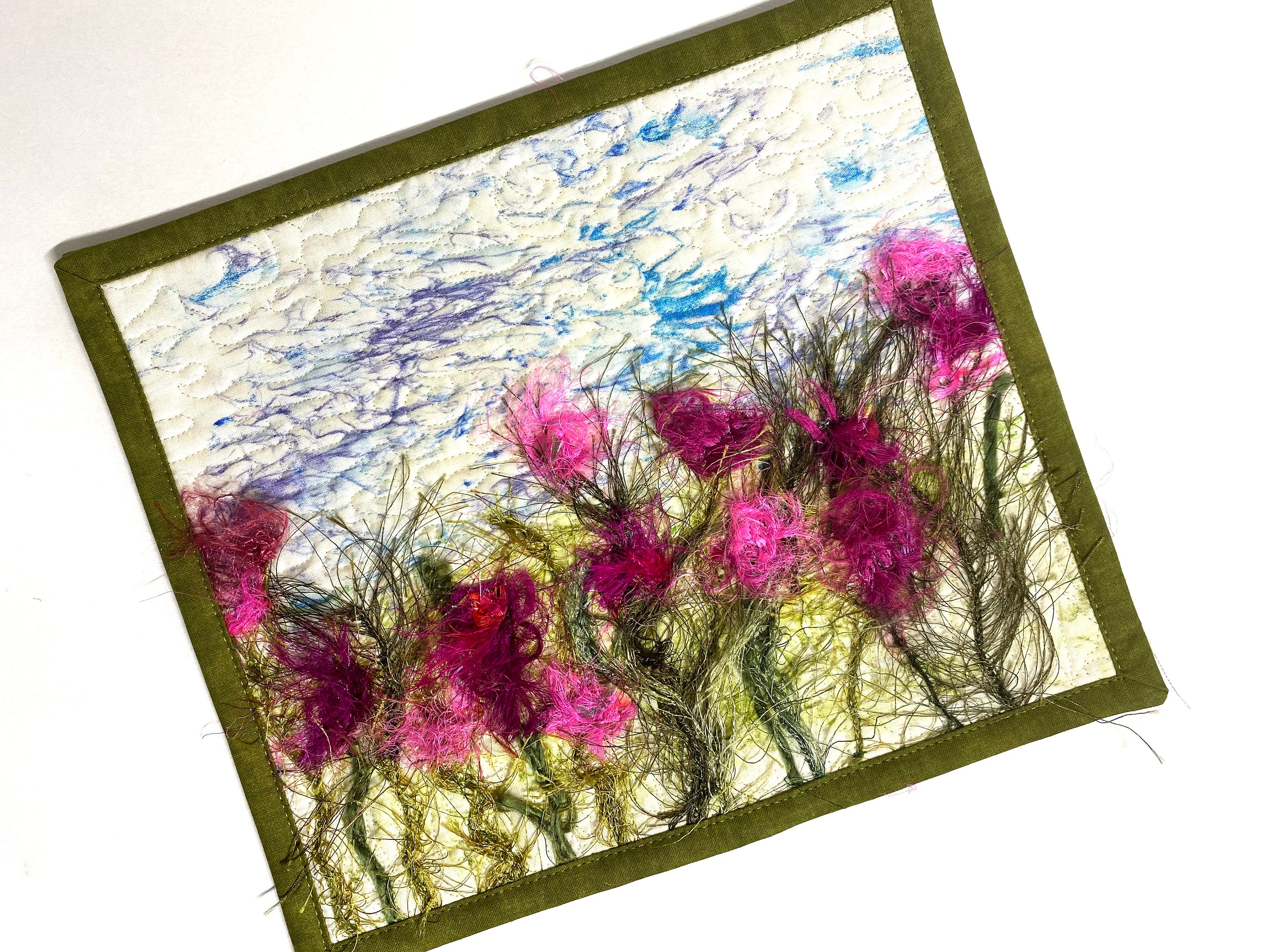Spring Flowers Art Quilt With Fabric Marbling and Fiber Couching , 9 X ...