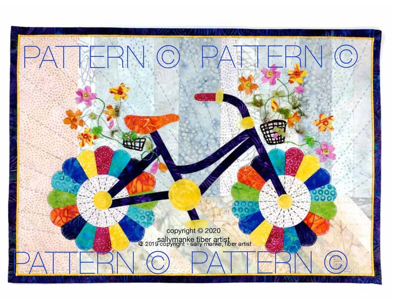 MINI Whimsical Bicycle Art Quilt PATTERN, Original Design, Wall Art ...