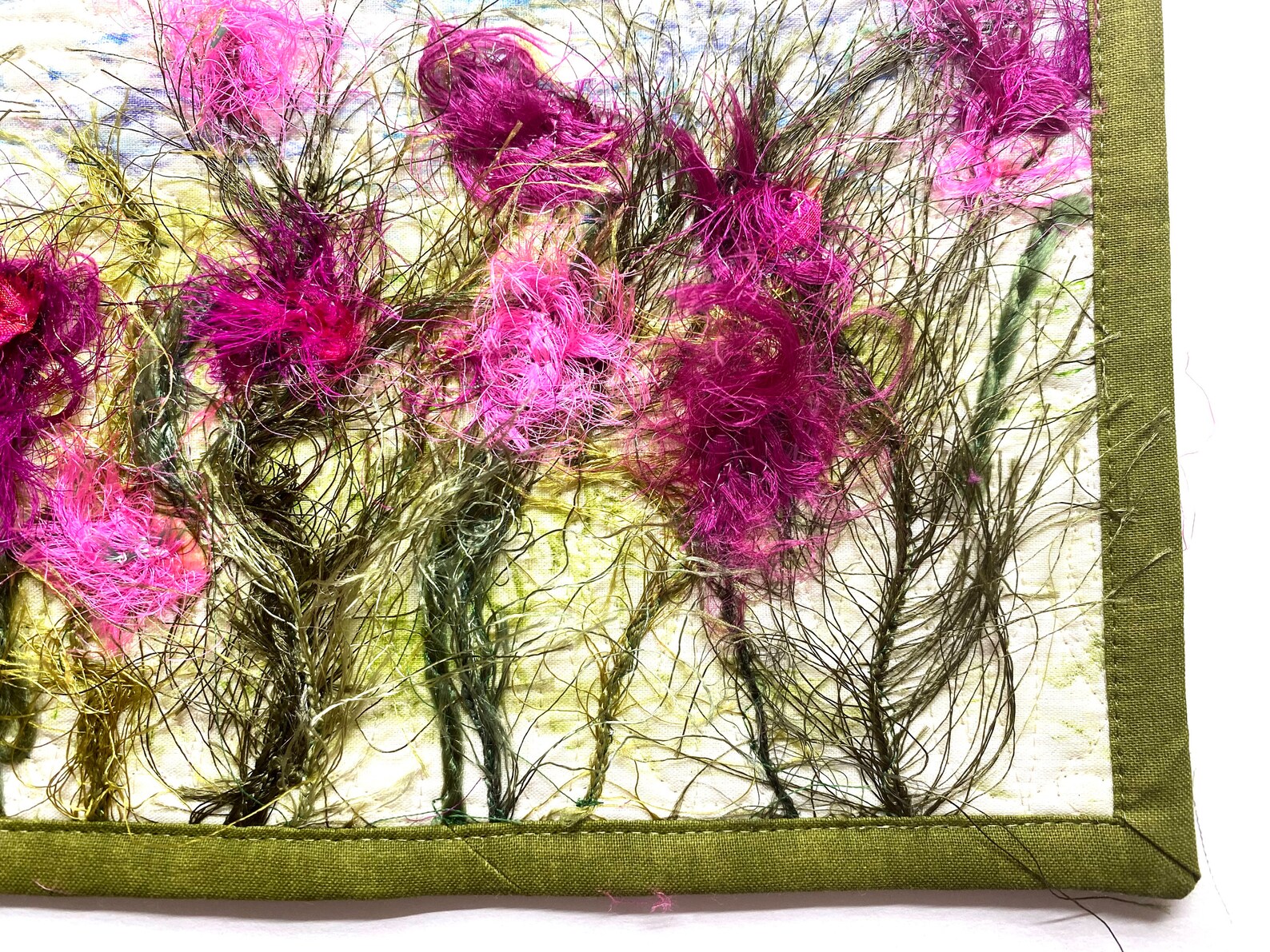 Spring Flowers Art Quilt With Fabric Marbling and Fiber Couching , 9 X ...