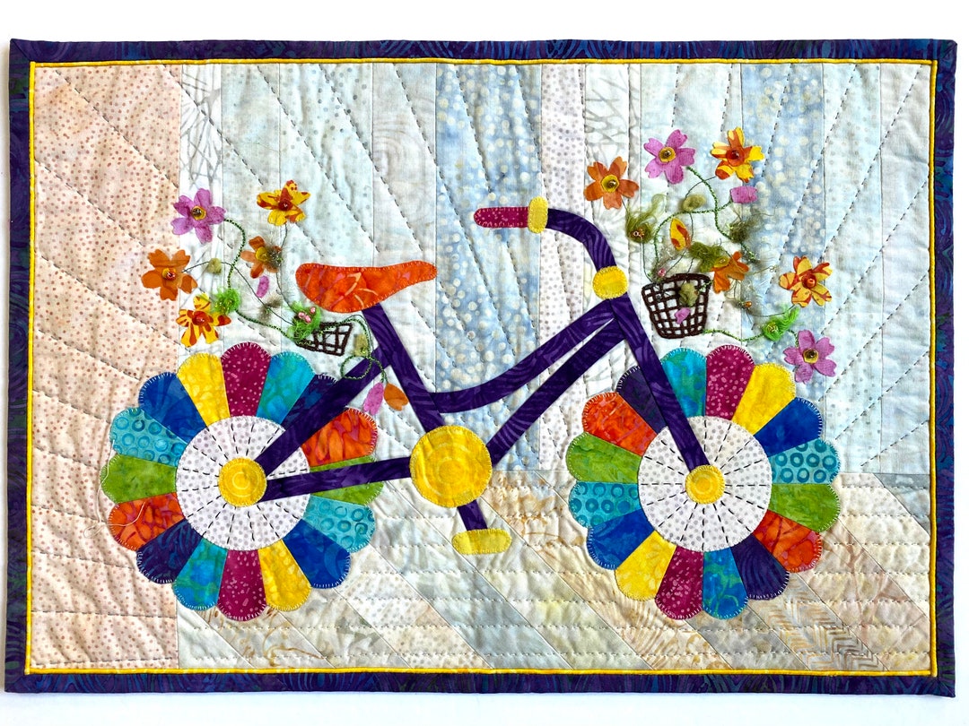 Mini Whimsical Bicycle Art Quilt, Original Design, Wall Art Cycle, Art ...