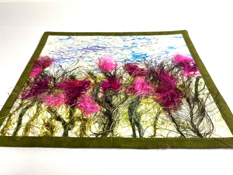 Spring Flowers Art Quilt With Fabric Marbling and Fiber Couching , 9 X ...
