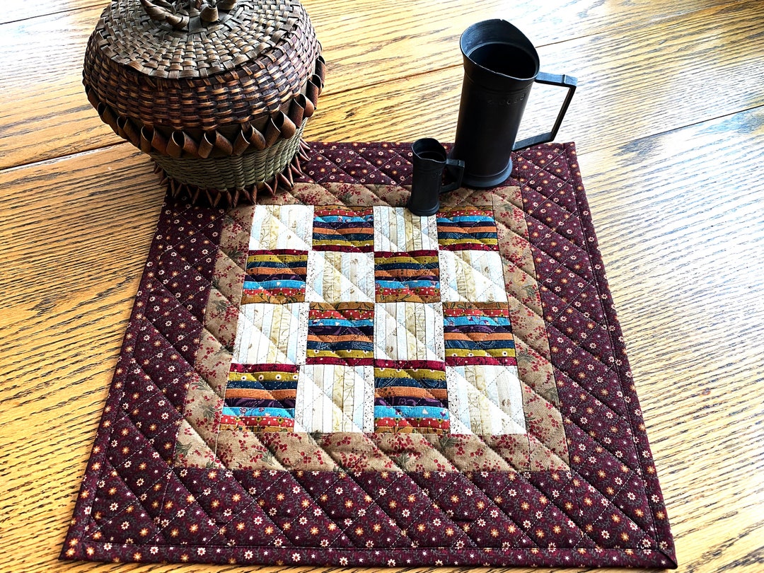 Primitive Patchwork Table Topper in Brown Tones, Quilted 14" Square ...