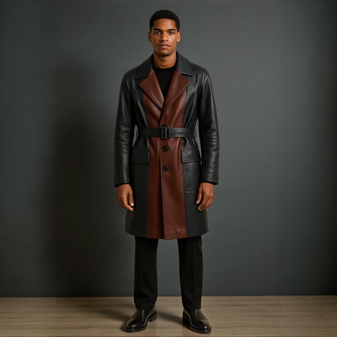 Two-tone Leather Trench Coat: Handmade Black & Brown Belted Overcoat - Etsy