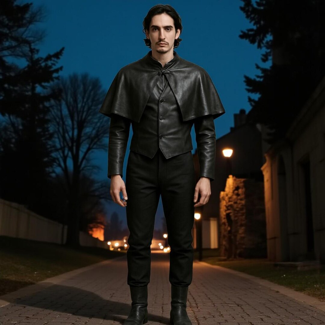 Men’s Black Gothic Cape Leather Jacket | High-collar Cloak Style ...