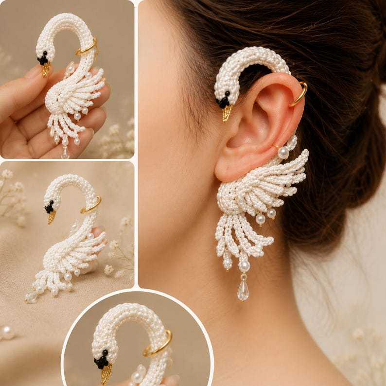 Crochet Swan Ear Cuff Pattern | Beaded Fairy Earring Tutorial (PDF ...