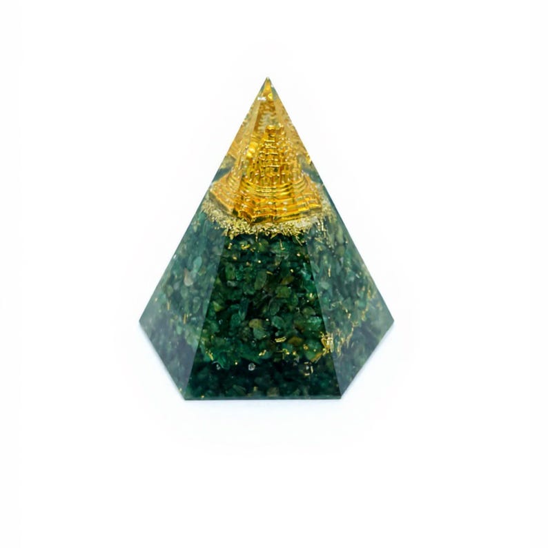 Buy Handmade Green Crystal Orgone Pyramid | Golden Yantra, Reiki ...