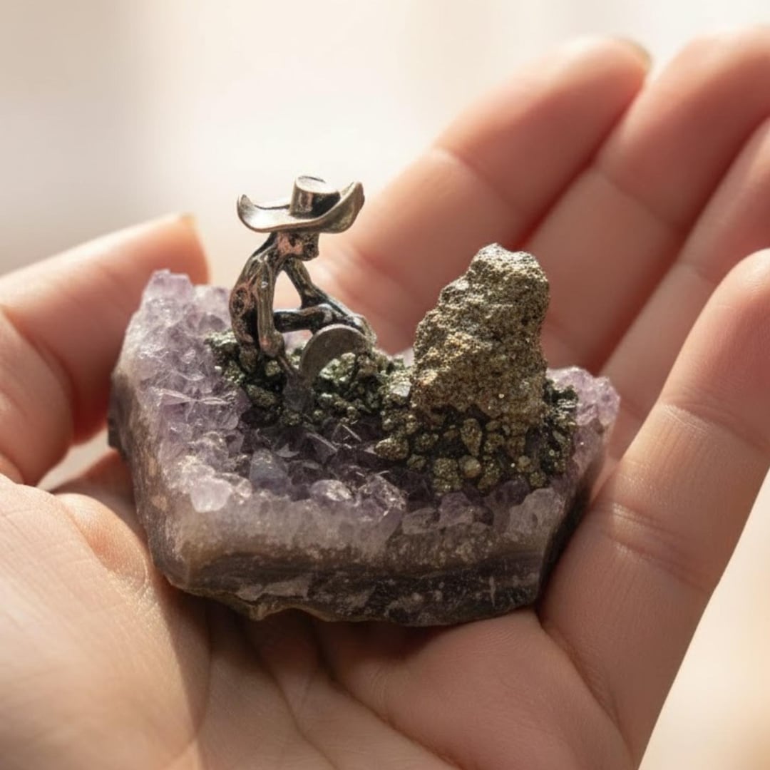 Buy Amethyst Cluster With Pyrite Miner Statue, Handmade Crystal Art ...
