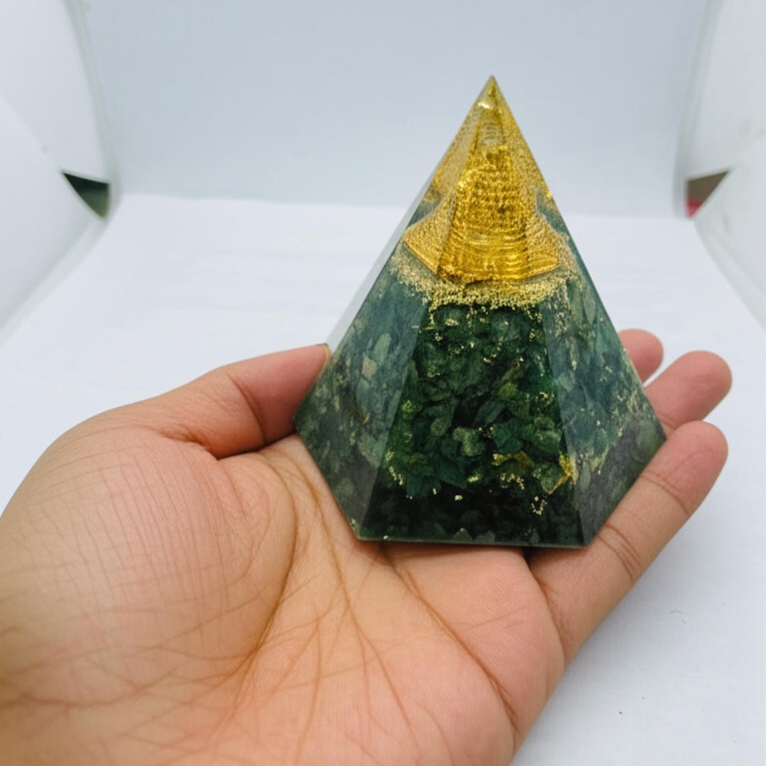 Buy Handmade Green Crystal Orgone Pyramid | Golden Yantra, Reiki ...