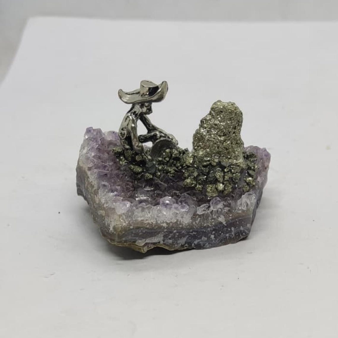 Buy Amethyst Cluster With Pyrite Miner Statue, Handmade Crystal Art ...
