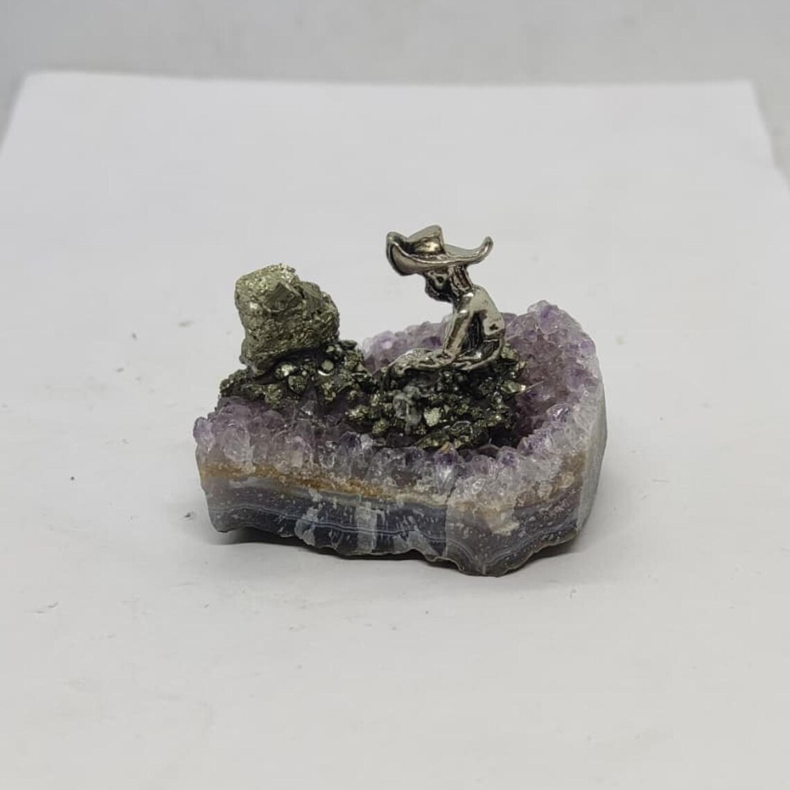 Buy Amethyst Cluster With Pyrite Miner Statue, Handmade Crystal Art ...