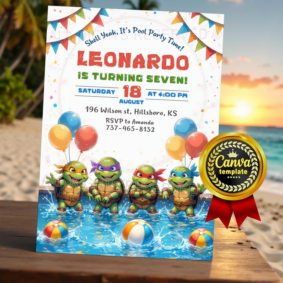 Ninja Turtles Pool Party Birthday Invitation – Editable Canva Template ...