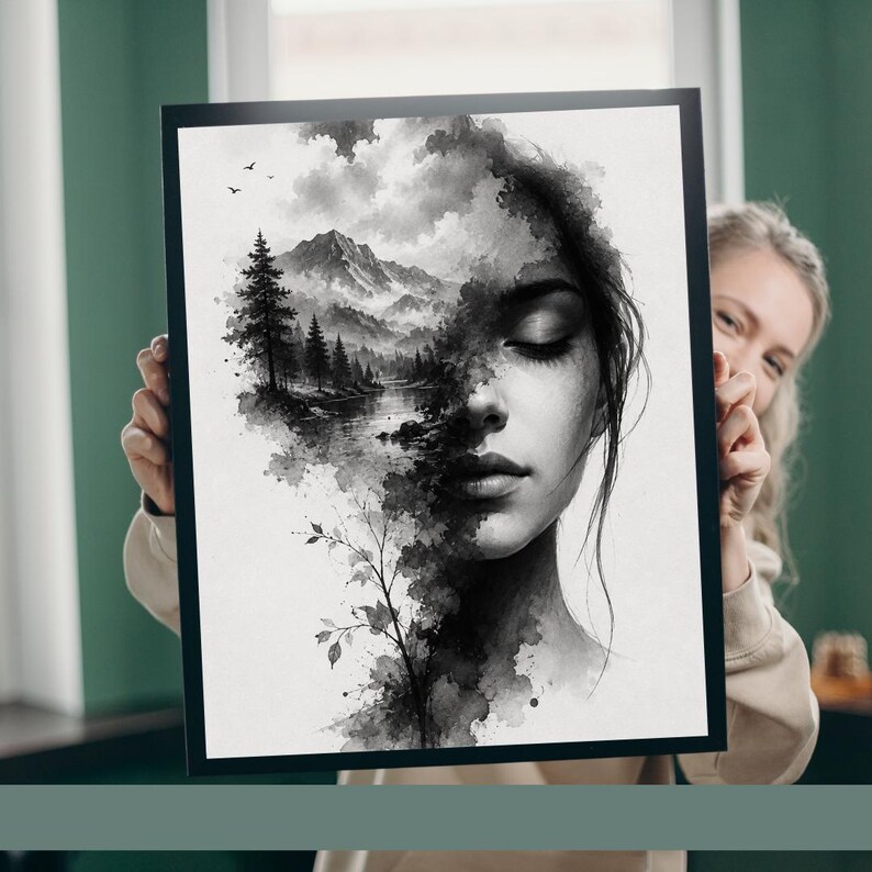 Abstract Face Nature Sketch Print | Surreal Minimalist Scenery Artwork ...