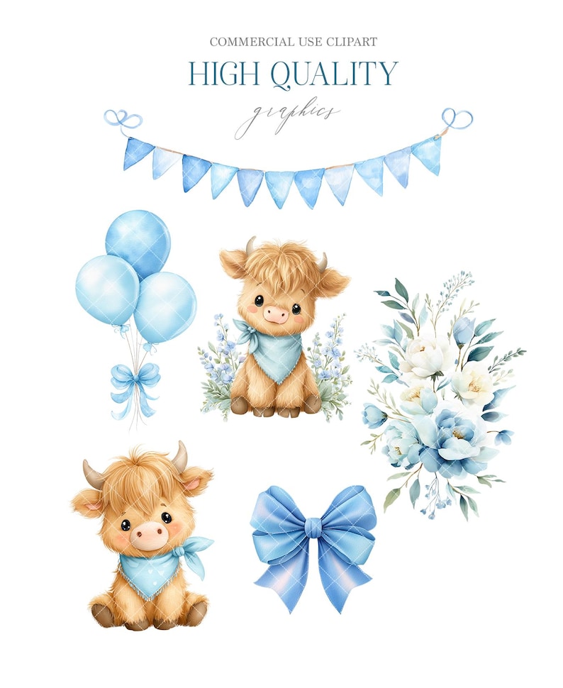 Highland Cow Boy Clipart: Watercolor Baby Shower PNG (digital Download ...