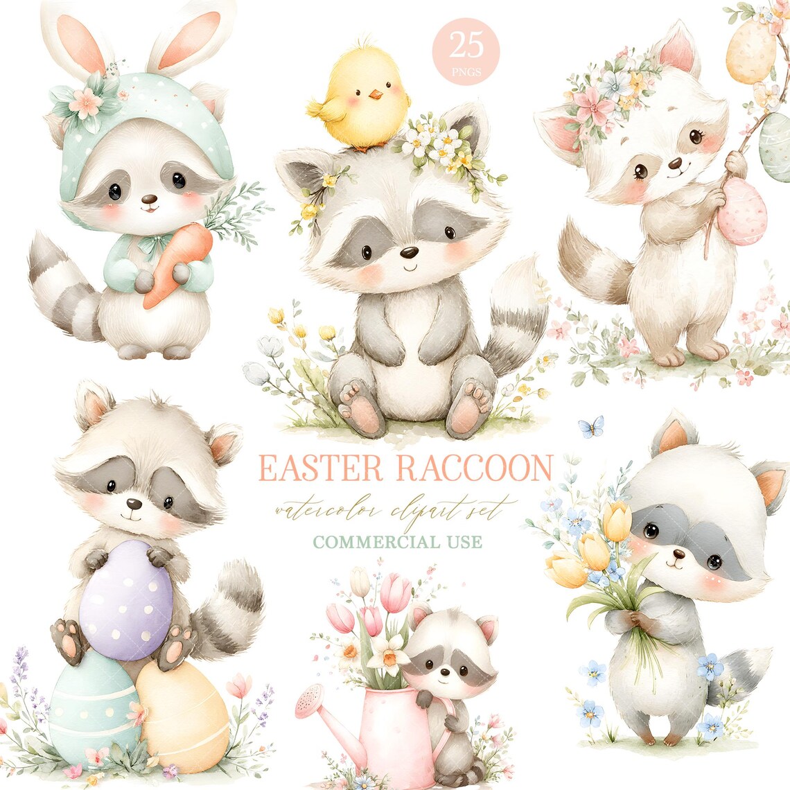 Easter Raccoon Clipart Bundle: PNG Spring Elements (commercial Use) - Etsy