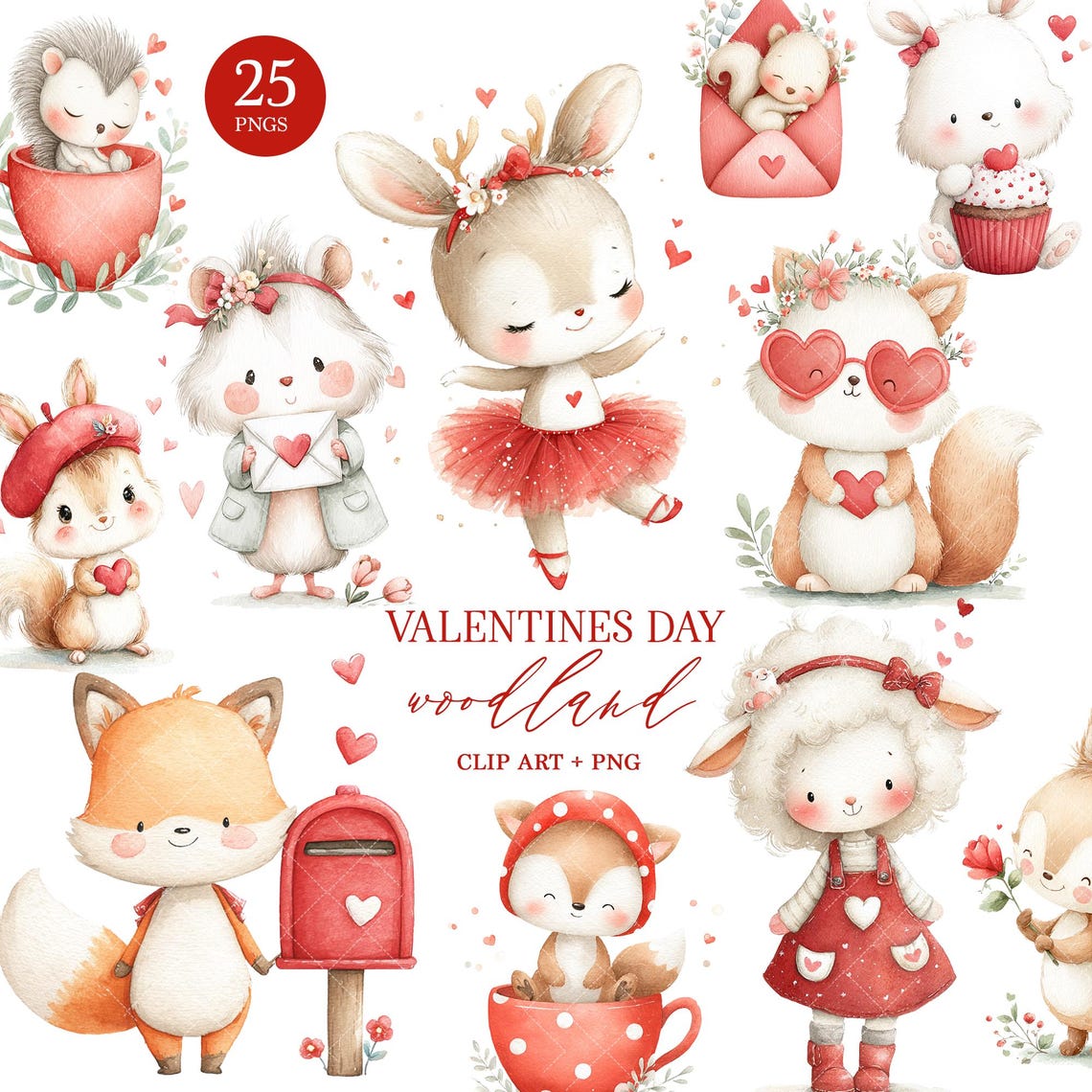 Watercolor Woodland Valentines Animal Clipart Bundle: 25 PNG Elements ...