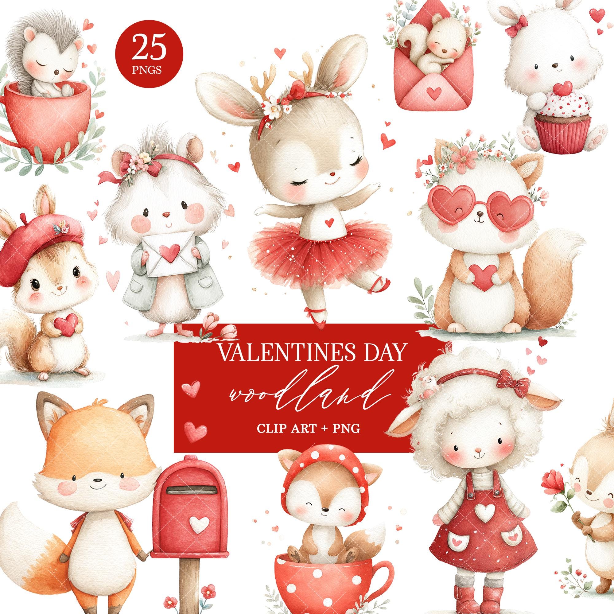Watercolor Woodland Valentines Animal Clipart Bundle: 25 PNG Elements ...
