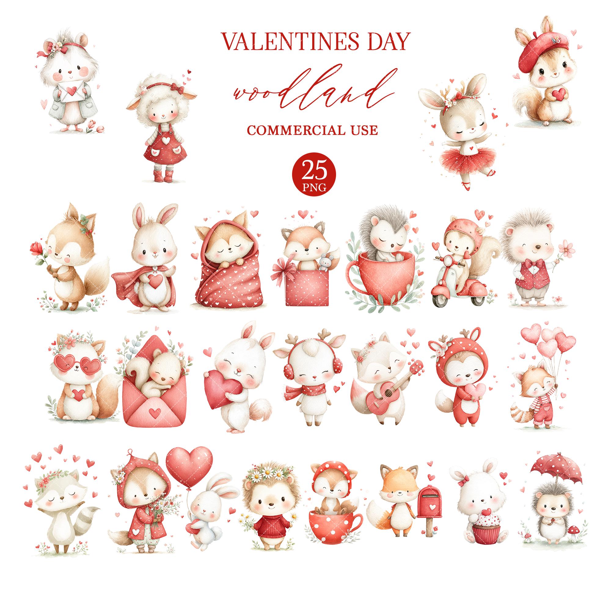 Watercolor Woodland Valentines Animal Clipart Bundle: 25 PNG Elements ...