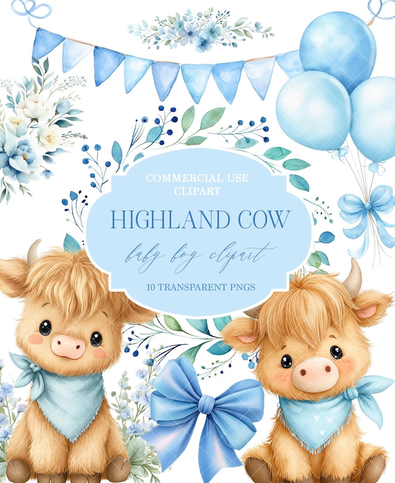 Highland Cow Boy Clipart: Watercolor Baby Shower PNG (digital Download ...