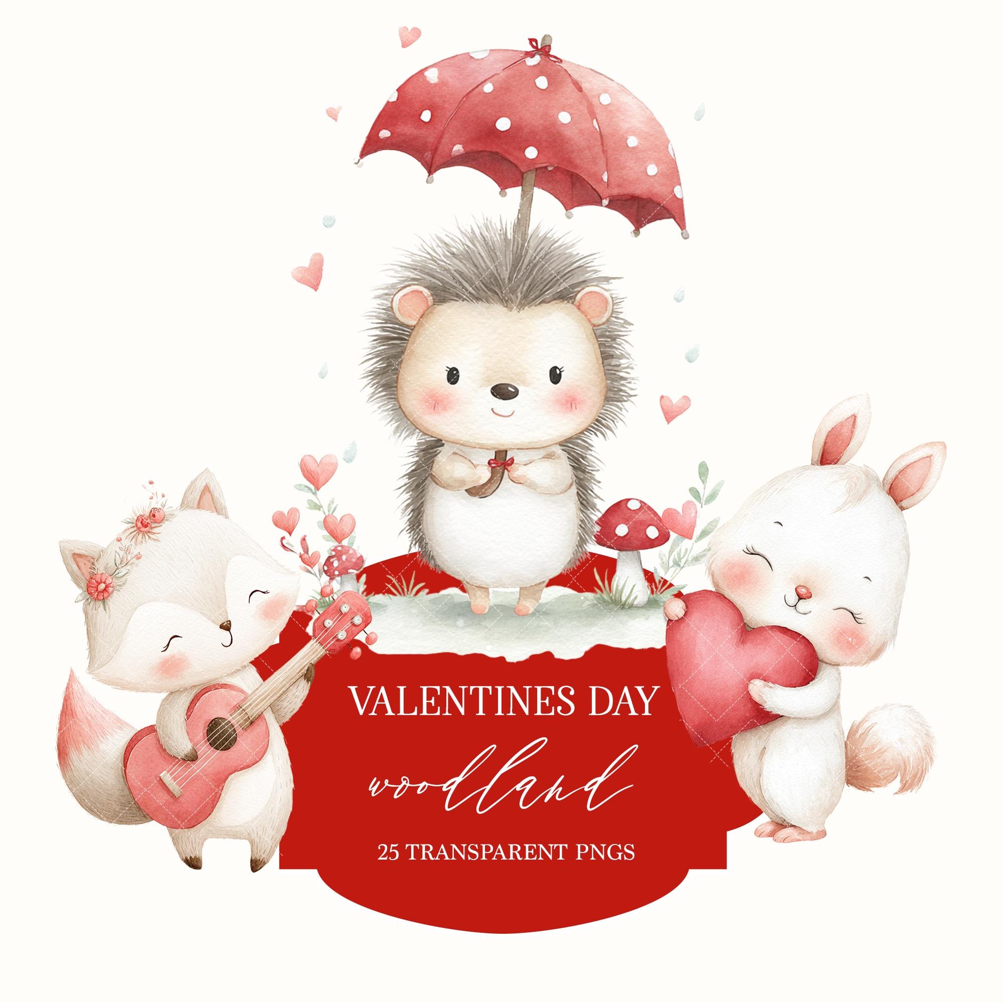Watercolor Woodland Valentines Animal Clipart Bundle: 25 PNG Elements ...