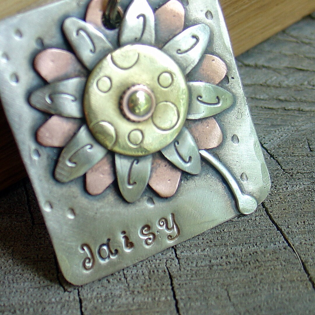 Custom Dog Tag- Square Flower Design- Flower Power - Etsy