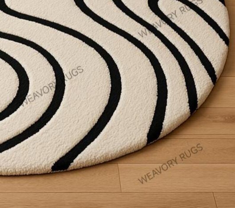 Modern White and Black Tufted Rug | Wavy Line Abstract Round Area Rug ...