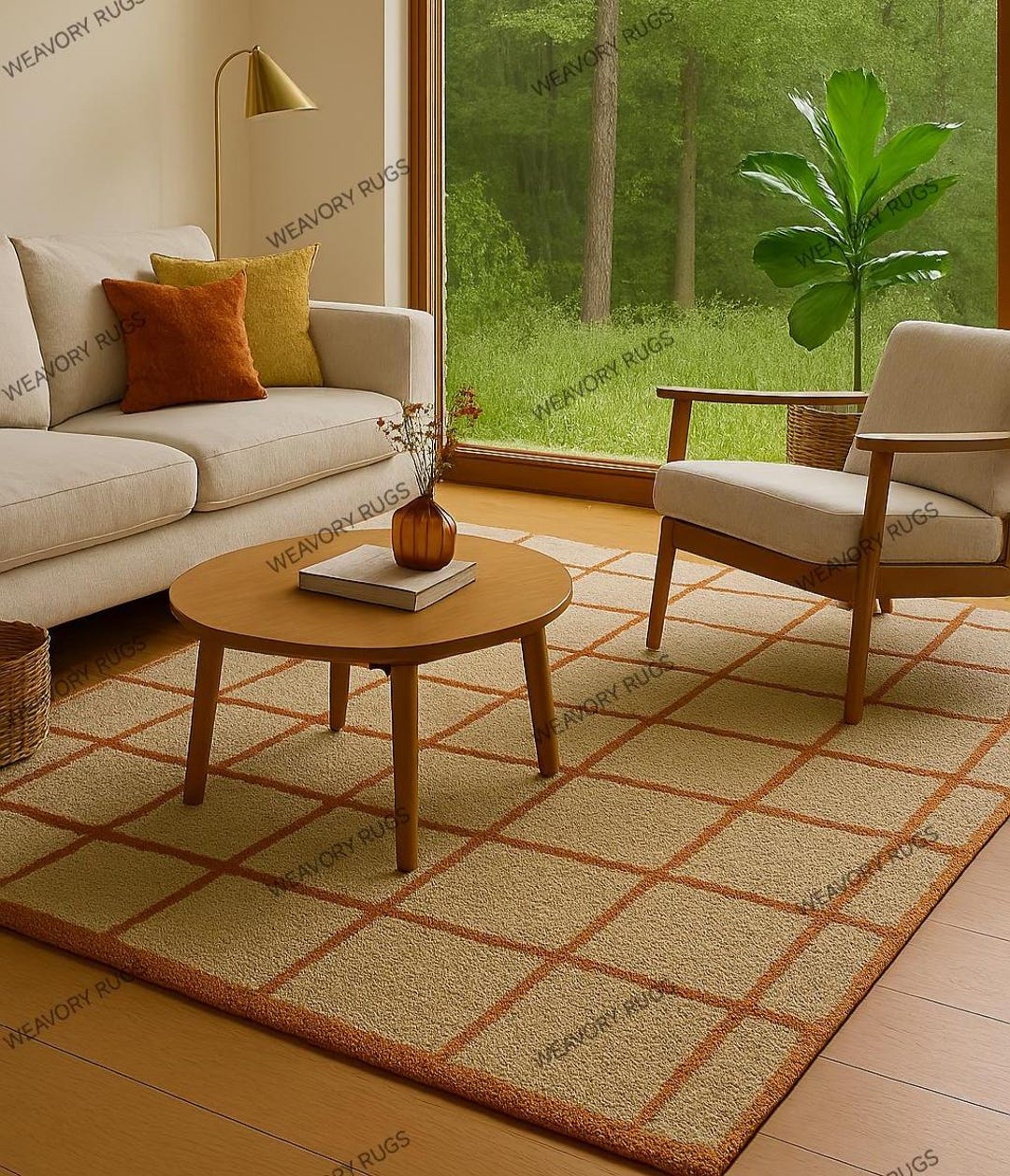 Hand-tufted Wool Rug | Beige & Terracotta Checkered Grid - Etsy