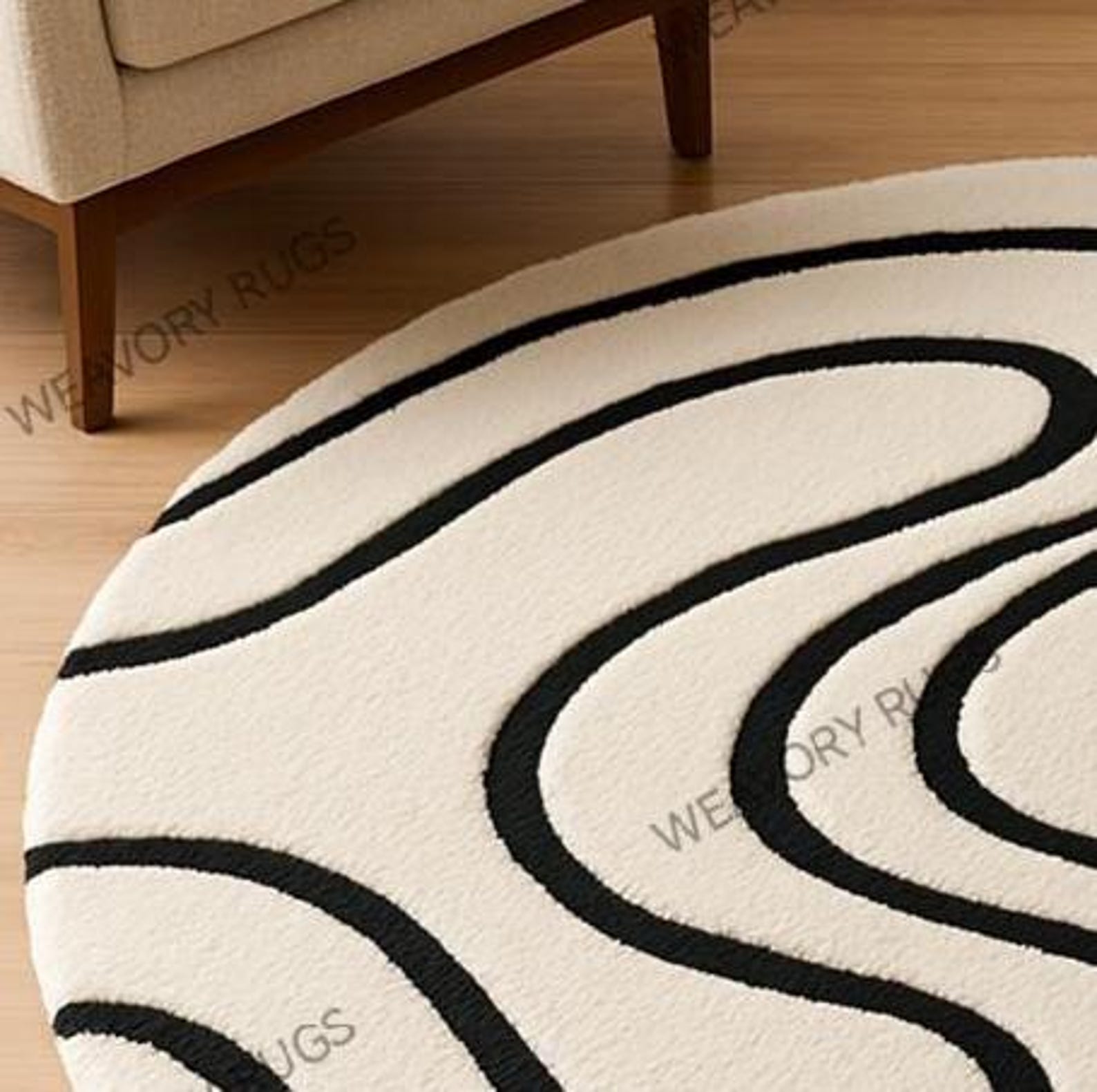Modern White and Black Tufted Rug | Wavy Line Abstract Round Area Rug ...