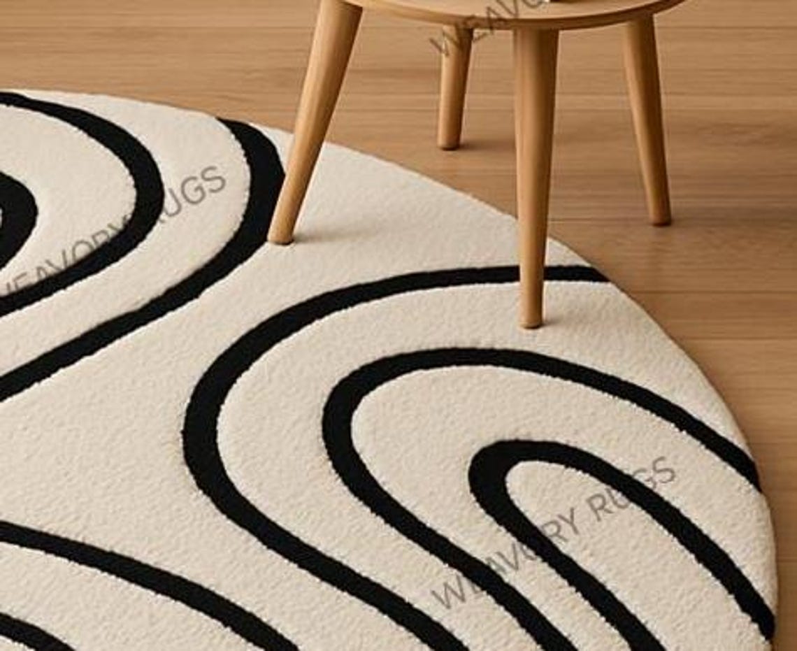 Modern White and Black Tufted Rug | Wavy Line Abstract Round Area Rug ...