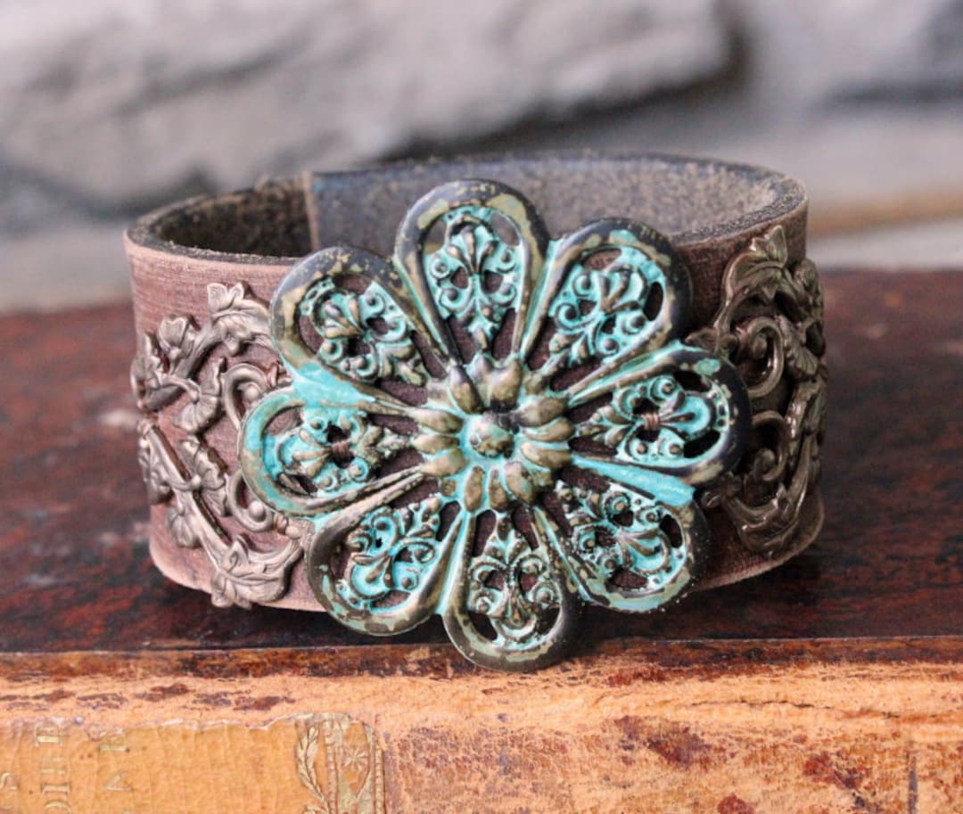 Upcycled Leather Cuff: Verdigris Flower, Turquoise Boho Bracelet - Etsy