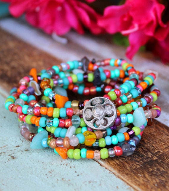 Multi Color Boho Chic Beaded Necklace and Bracelet Wrap Fun | Etsy