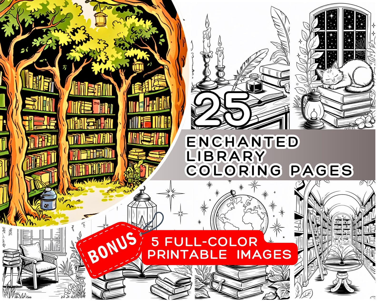 Enchanted Library Coloring Pages - 25 Dark + 25 Light + 5 Color ...