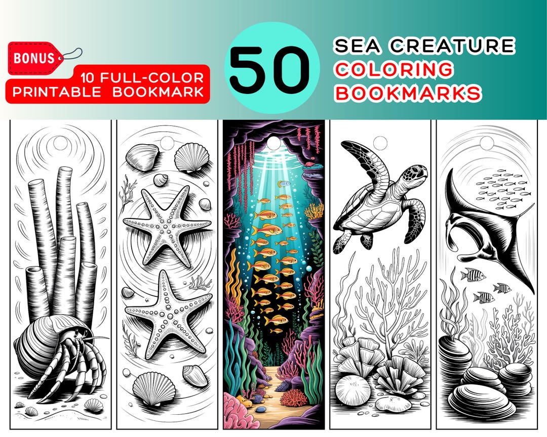 Sea Creature Coloring Bookmarks: Ocean Animal Relaxing Art Set (PDF ...