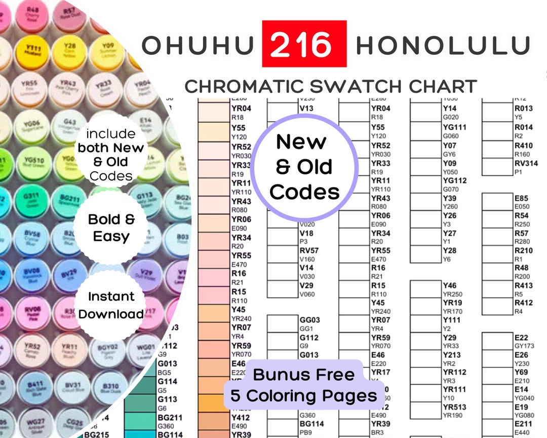 Ohuhu 216 Swatch Chart Printable: New & Old Code Color Reference (PDF ...