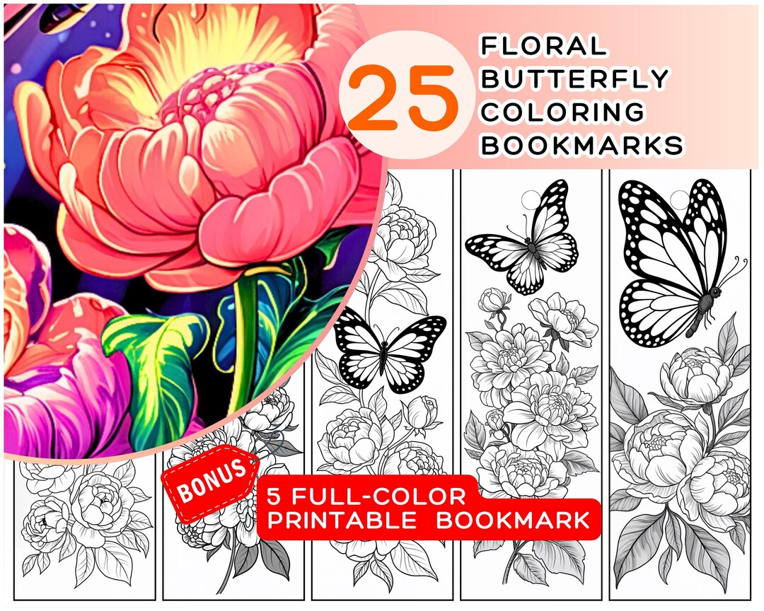 Floral Butterfly Coloring Bookmarks: 25 Designs + Bonus 5 Bookmarks ...