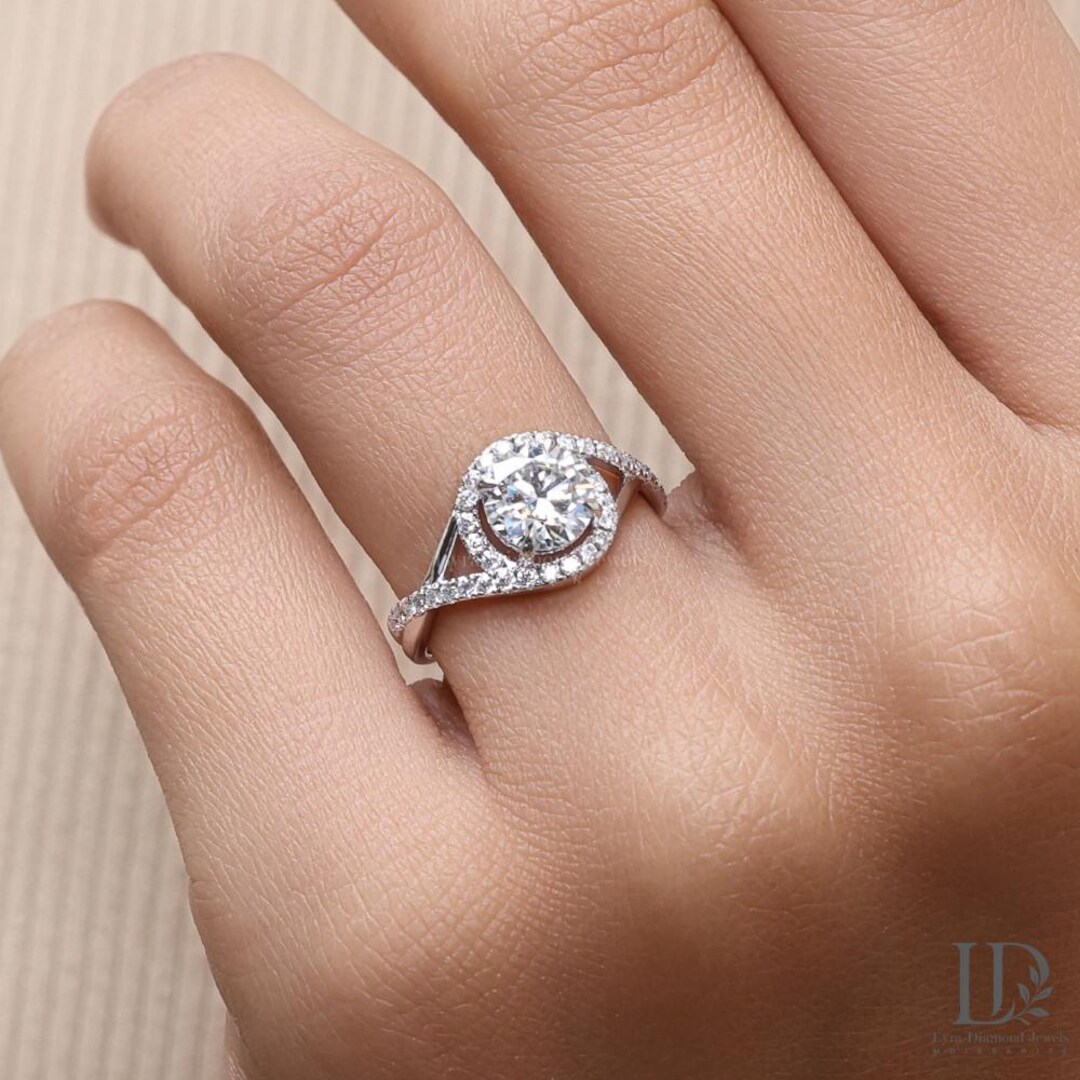 Round Halo Engagement Ring, 1.25 Carat Moissanite Ring, Twisted Pavé ...