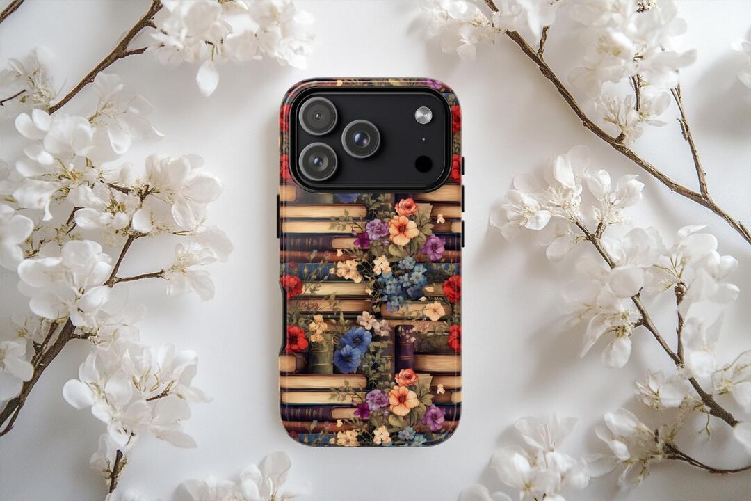 Vintage Stacked Books With Wildflowers Phone Case | Floral Library - Etsy