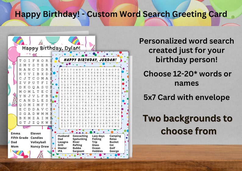 Custom Birthday Card Interactive Word Search Birthday Card 5x7 A ...