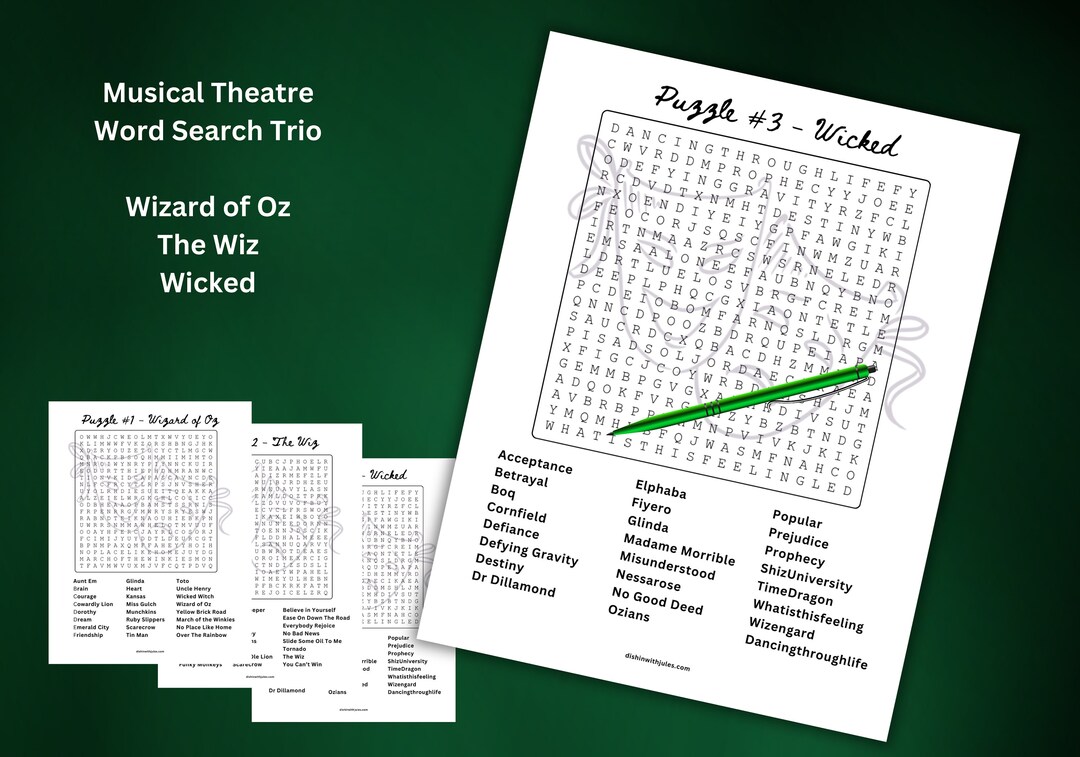 Broadway Word Search Trio Featuring: Wicked, the Wiz & Wizard of Oz ...