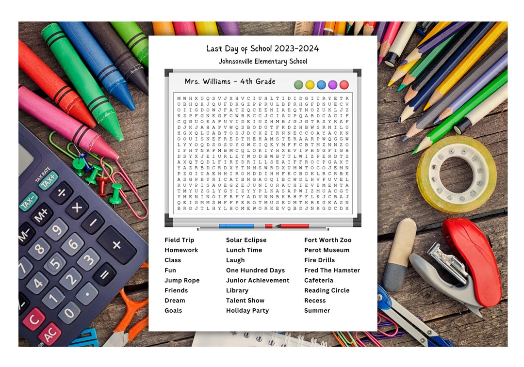 Last Day of School Custom Word Search Printable Awesome Way to Remember ...