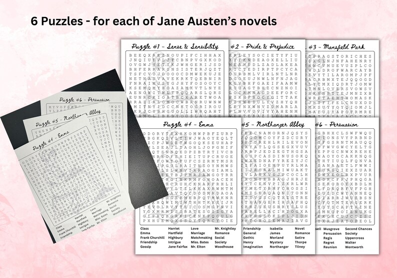 Jane Austen Word Search | 6 Puzzles of Austen’s Novels. Book Club, Lit ...