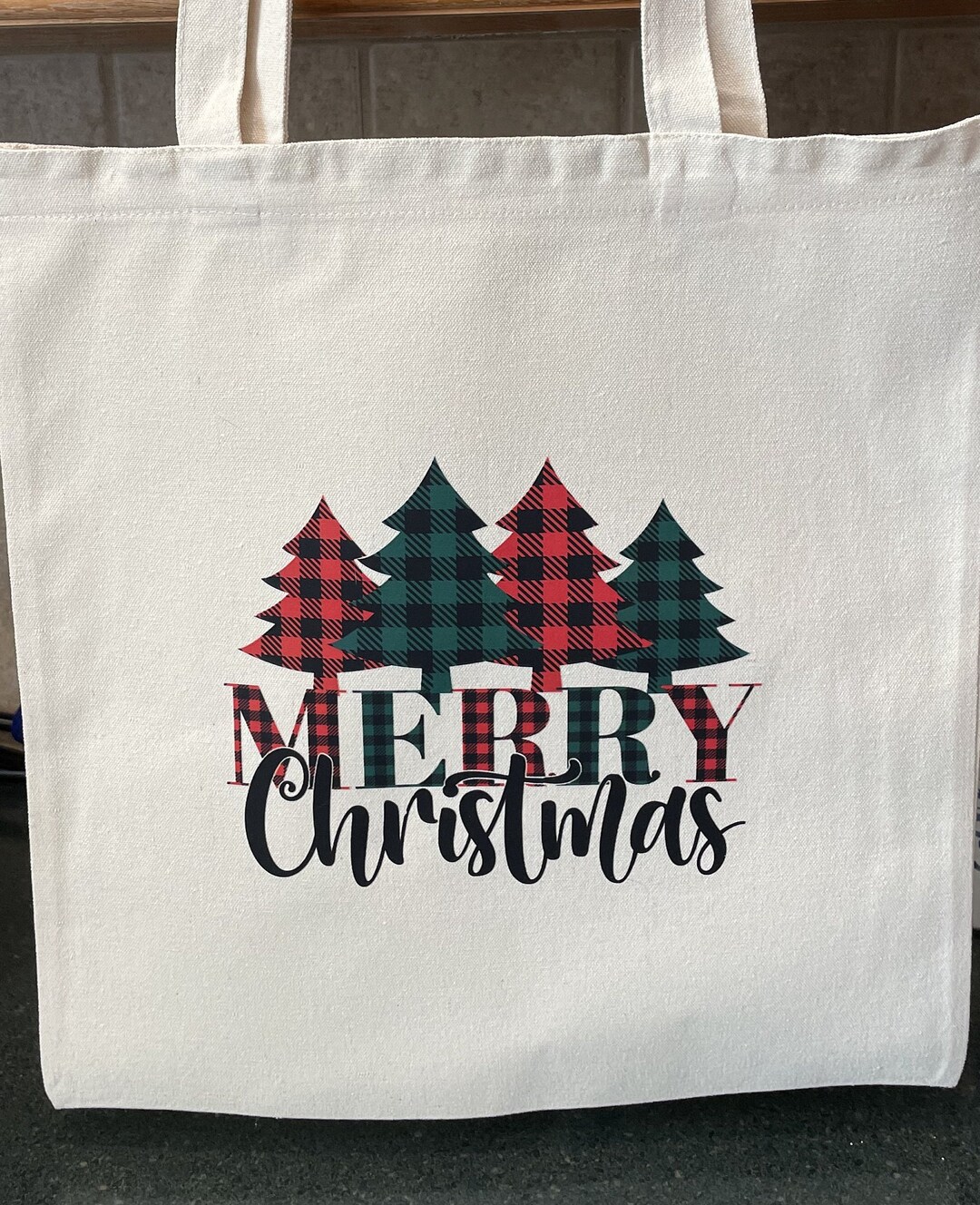 Christmas Canvas Tote Bag, Holiday, Gift, Reuseable Shopping Bag, Plaid ...