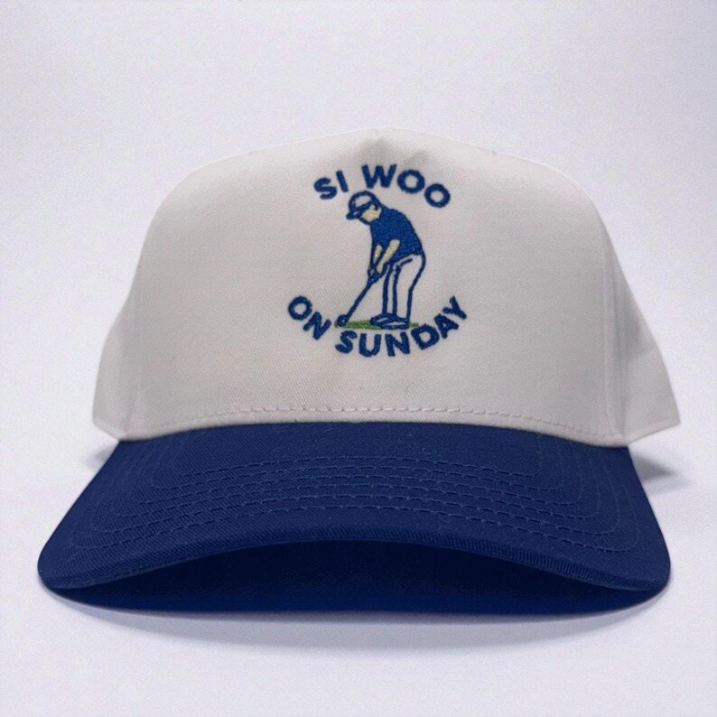 Si Woo on Sunday Golf Hat | White & Navy Embroidered Snapback | Mad ...