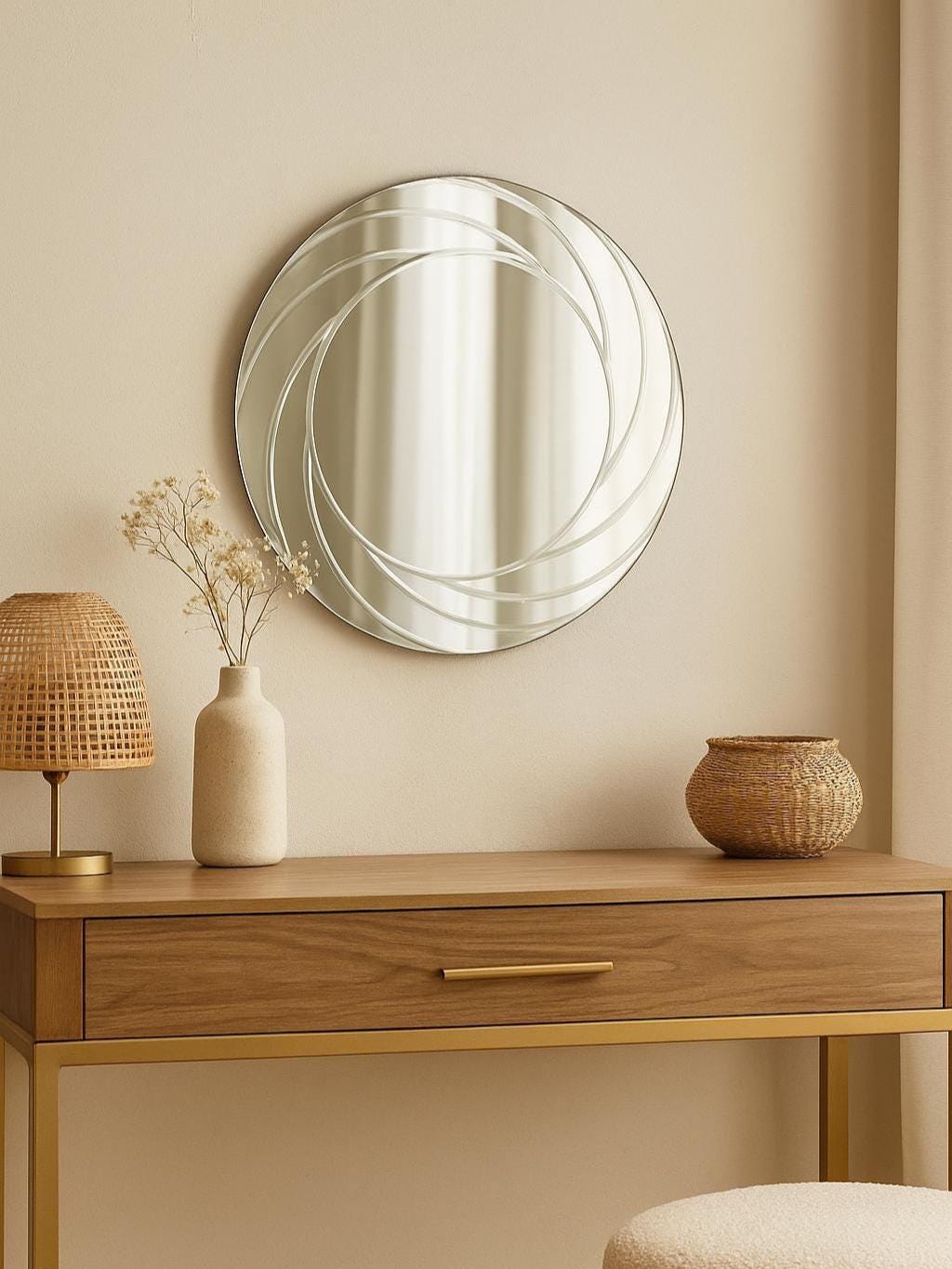 Art Deco Spiral Engraved Round Mirror, Luxury Frameless Wall Decor - Etsy