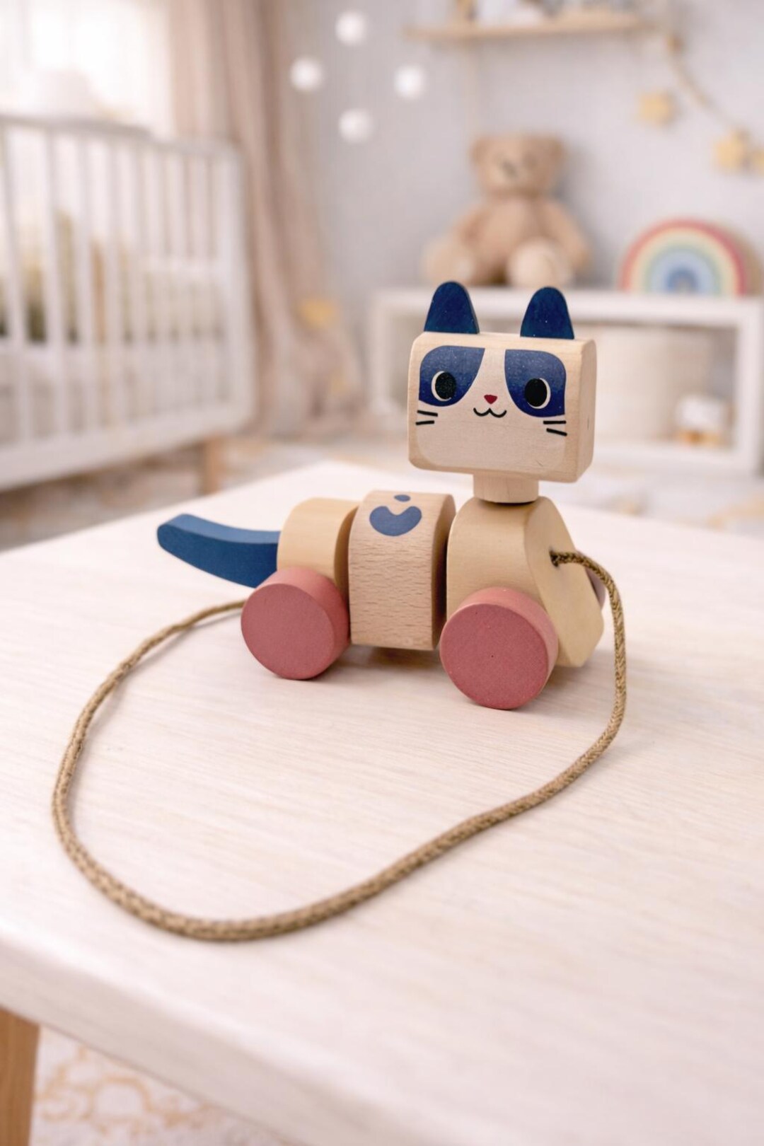 Handmade Wooden Cat Pull and Roll Toys for Toddlers, Wheeled Toy ...