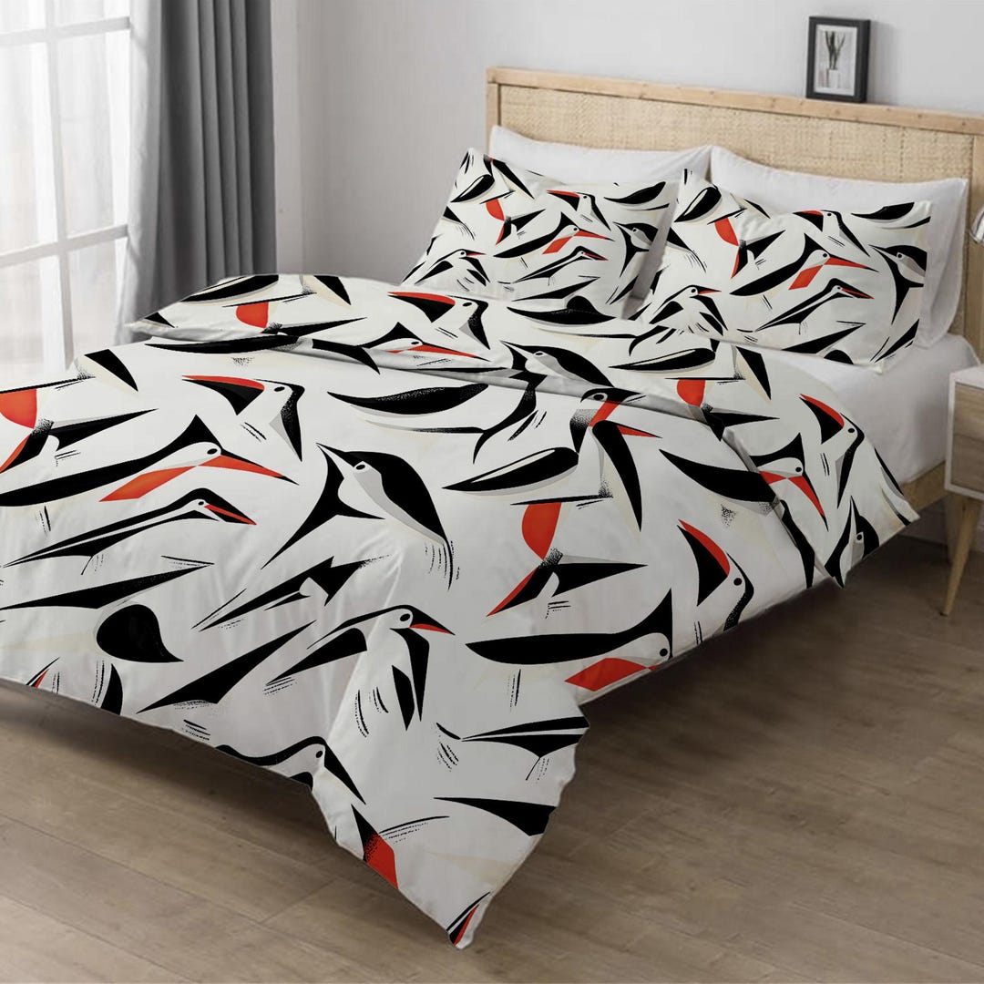 Mid-century Bird Duvet Cover Set – Black White Red Bedding With ...