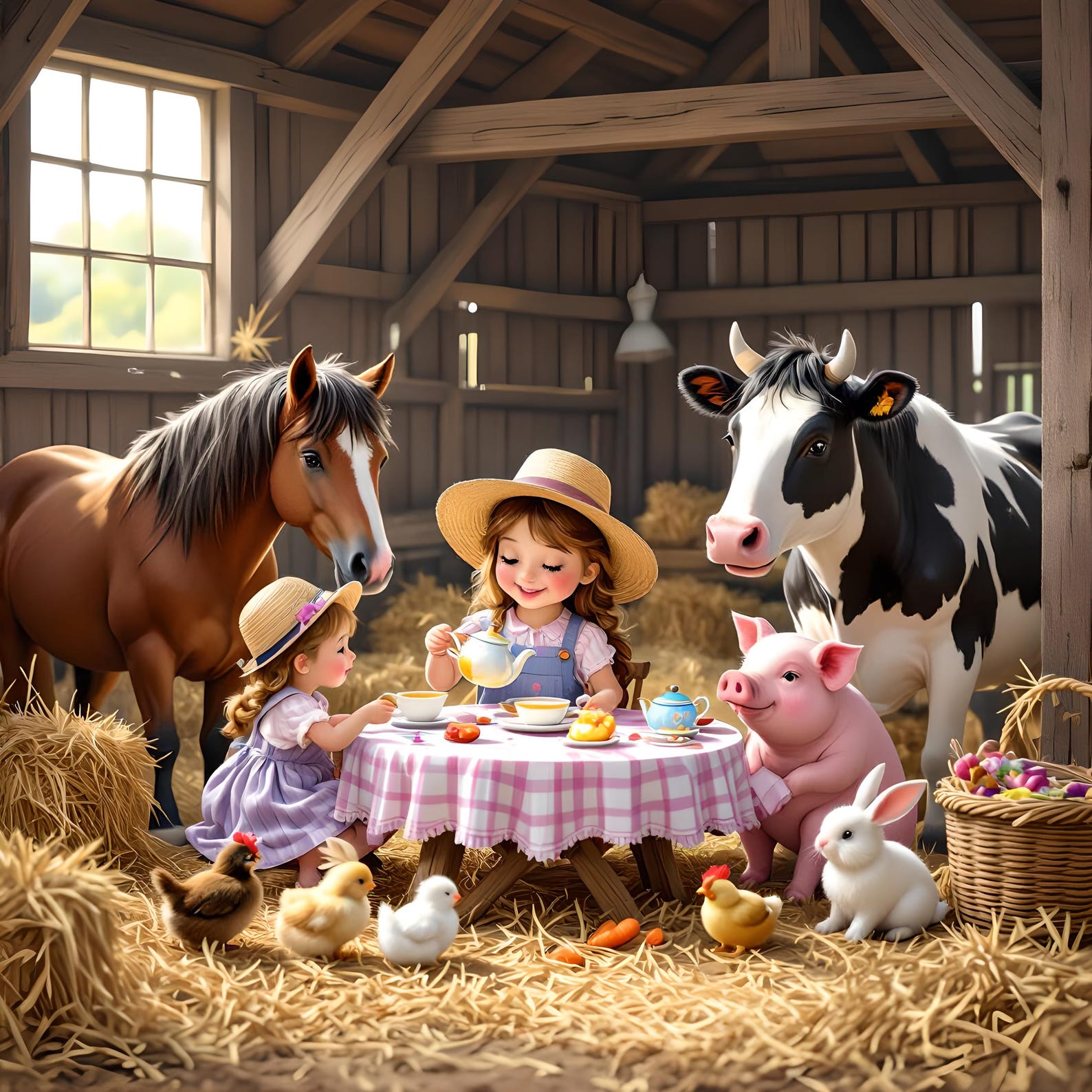 Whimsical Barnyard Tea Party Print: Farm Animals, Pastel Colors (up to ...