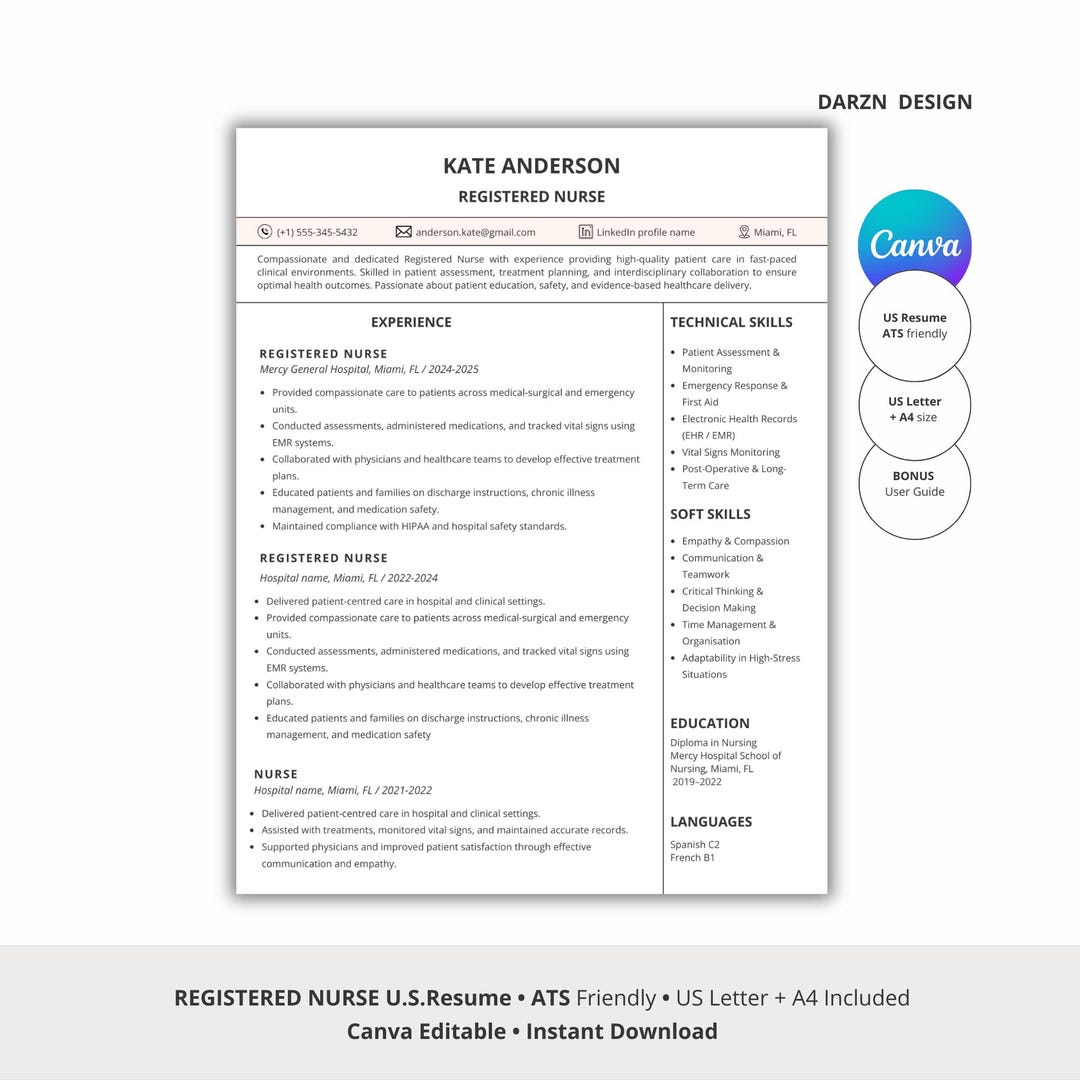 Registered Nurse Resume Template | ATS Optimized RN Resume | U.S. Nurse ...