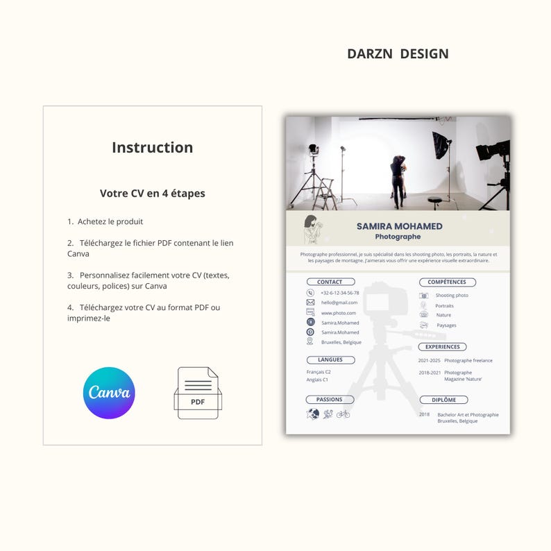 Photographer Resume Template Canva French/english | Creative Modern ...